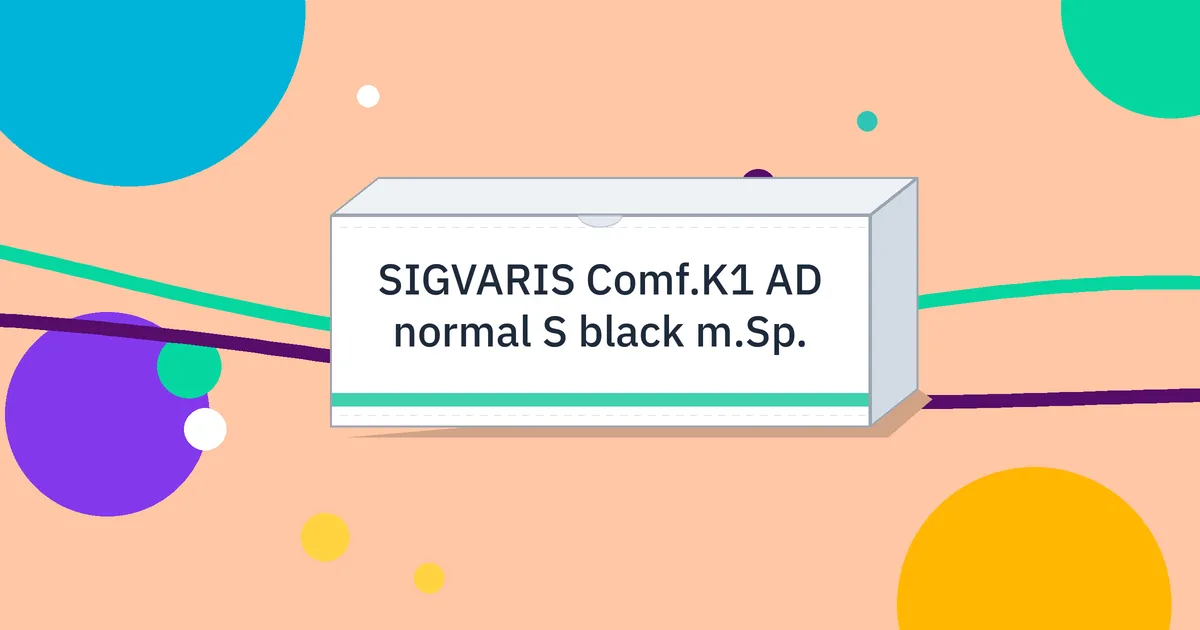 Symbolbild: Packung mit der Aufschrift SIGVARIS Comf.K1 AD normal S black m.Sp. (PZN 17042103) – Verfügbarkeit und Bezug in Apotheken in Frankfurt am Main