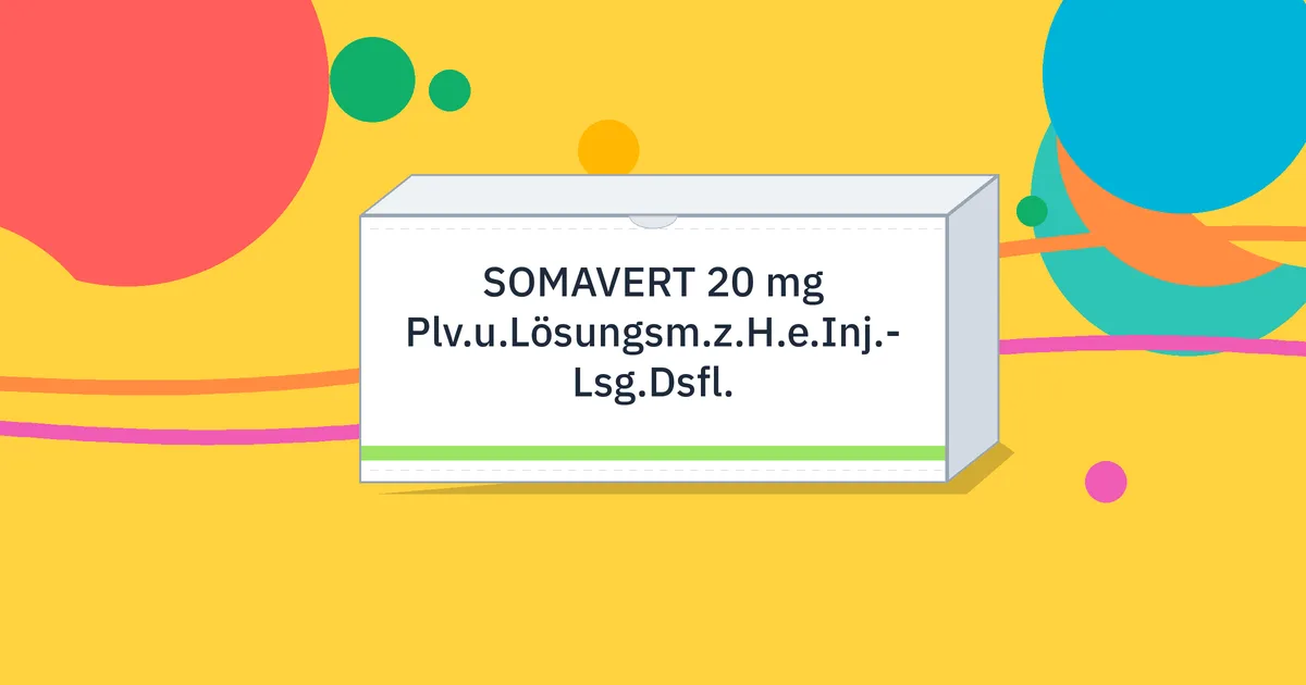 Symbolbild: Packung mit der Aufschrift SOMAVERT 20 mg Plv.u.Lösungsm.z.H.e.Inj.-Lsg.Dsfl. (PZN 05013384) – Verfügbarkeit und Bezug in Apotheken in Frankfurt am Main