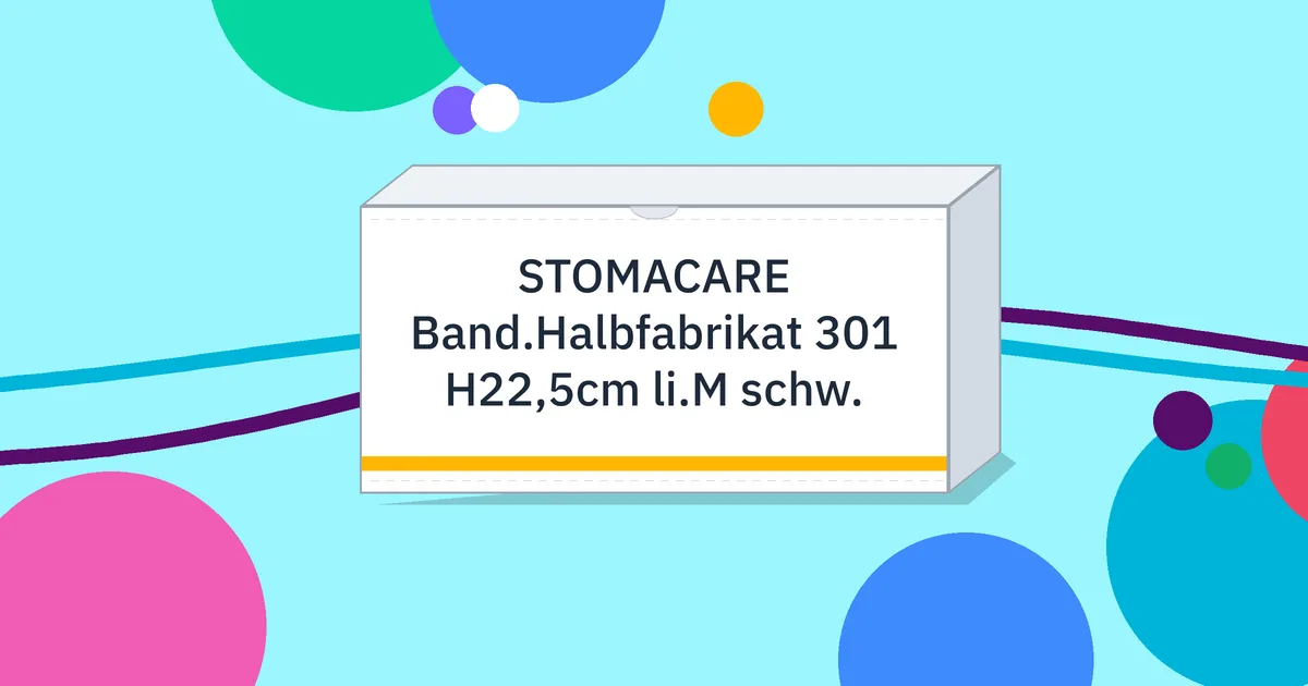 Symbolbild: Packung mit der Aufschrift STOMACARE Band.Halbfabrikat 301 H22,5cm li.M schw. (PZN 09436615) – Verfügbarkeit und Bezug in Apotheken in Frankfurt am Main