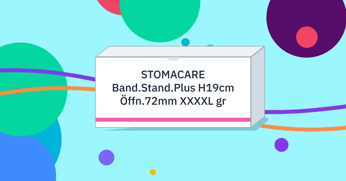 Symbolbild: Packung mit der Aufschrift STOMACARE Band.Stand.Plus H19cm Öffn.72mm XXXXL gr (PZN 16750677) – Verfügbarkeit und Bezug in Apotheken in Frankfurt am Main