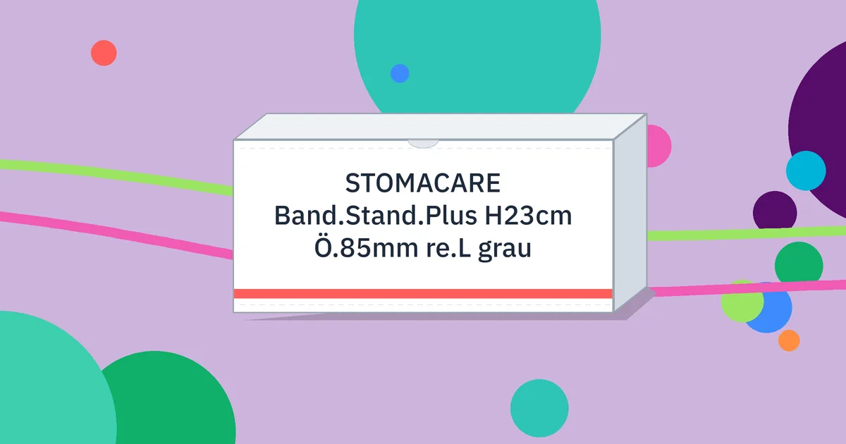 Symbolbild: Packung mit der Aufschrift STOMACARE Band.Stand.Plus H23cm Ö.85mm re.L grau (PZN 16751205) – Verfügbarkeit und Bezug in Apotheken in Frankfurt am Main