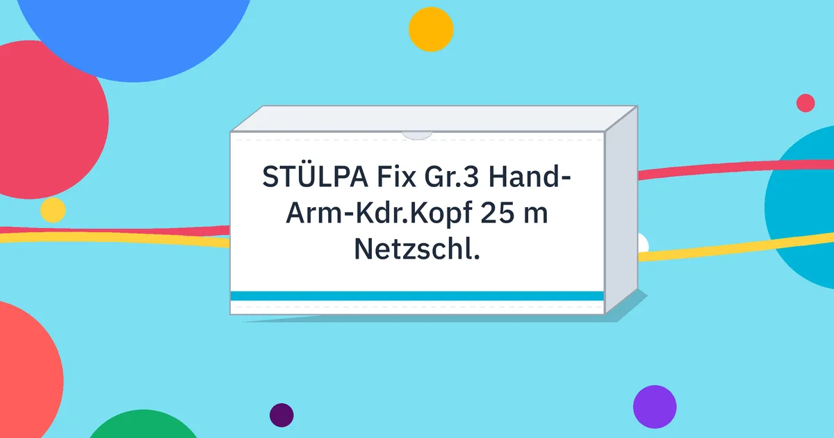 Symbolbild: Packung mit der Aufschrift STÜLPA Fix Gr.3 Hand-Arm-Kdr.Kopf 25 m Netzschl. (PZN 10792812) – Verfügbarkeit und Bezug in Apotheken in Frankfurt am Main