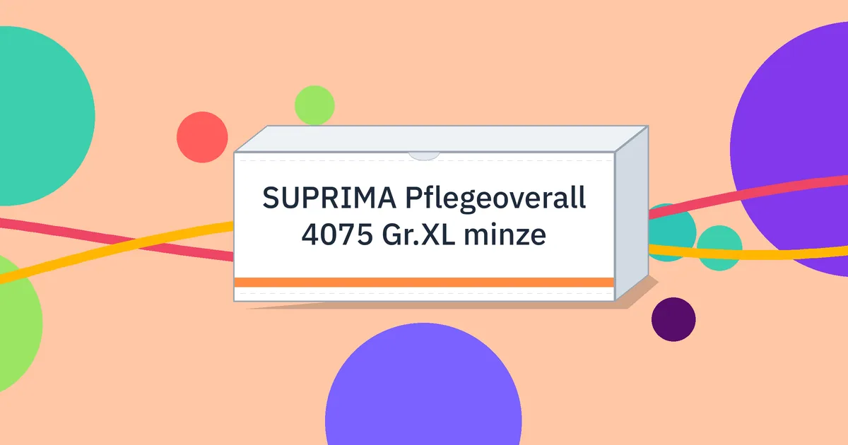 Symbolbild: Packung mit der Aufschrift SUPRIMA Pflegeoverall 4075 Gr.XL minze (PZN 00068630) – Verfügbarkeit und Bezug in Apotheken in Frankfurt am Main