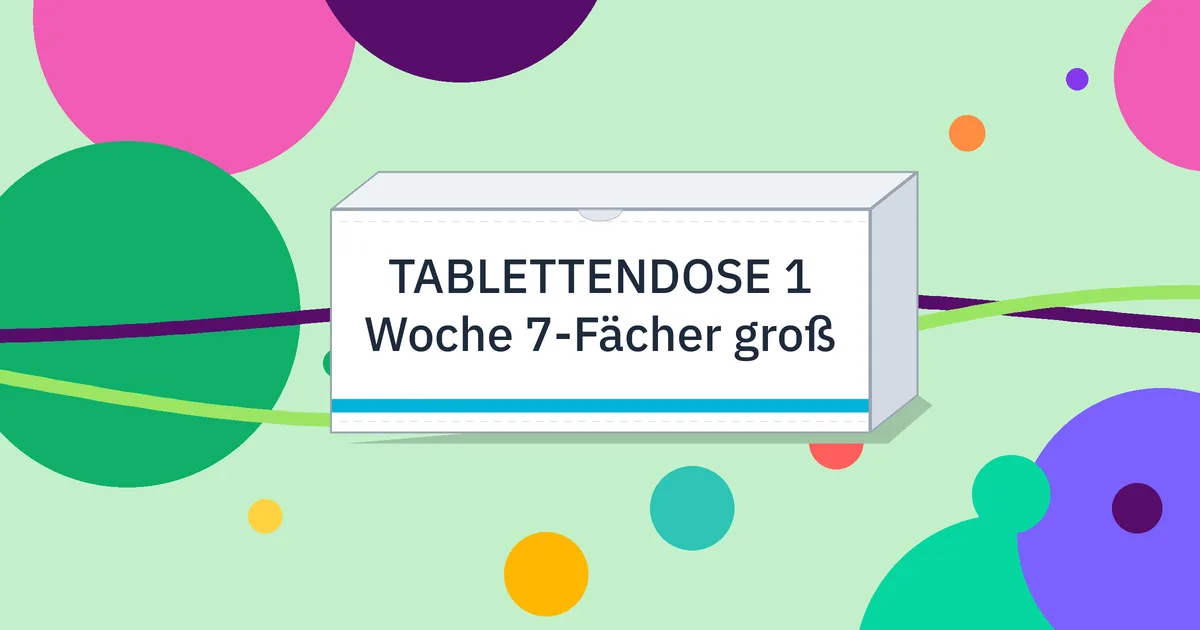 Symbolbild: Packung mit der Aufschrift TABLETTENDOSE 1 Woche 7-Fächer groß (PZN 06566582) – Verfügbarkeit und Bezug in Apotheken in Frankfurt am Main