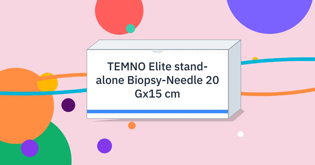 Symbolbild: Packung mit der Aufschrift TEMNO Elite stand-alone Biopsy-Needle 20 Gx15 cm (PZN 18765246) – Verfügbarkeit und Bezug in Apotheken in Frankfurt am Main