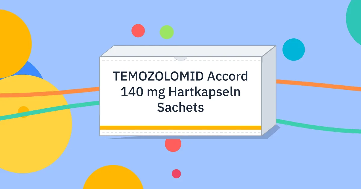 Symbolbild: Packung mit der Aufschrift TEMOZOLOMID Accord 140 mg Hartkapseln Sachets (PZN 16234148) – Verfügbarkeit und Bezug in Apotheken in Frankfurt am Main
