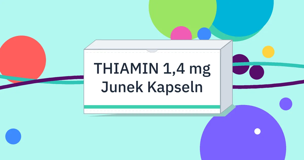 Symbolbild: Packung mit der Aufschrift THIAMIN 1,4 mg Junek Kapseln (PZN 20281455) – Verfügbarkeit und Bezug in Apotheken in Frankfurt am Main