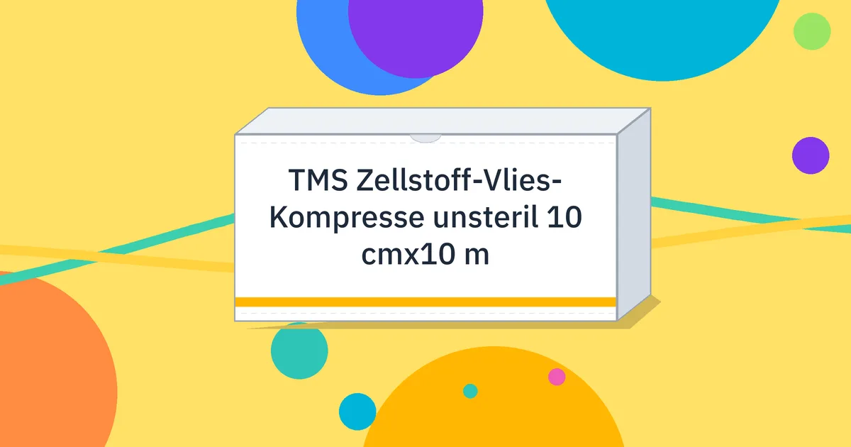 Symbolbild: Packung mit der Aufschrift TMS Zellstoff-Vlies-Kompresse unsteril 10 cmx10 m (PZN 18316962) – Verfügbarkeit und Bezug in Apotheken in Frankfurt am Main