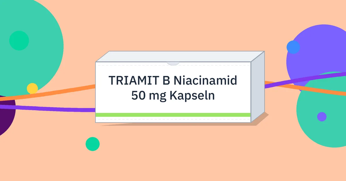 Symbolbild: Packung mit der Aufschrift TRIAMIT B Niacinamid 50 mg Kapseln (PZN 02210670) – Verfügbarkeit und Bezug in Apotheken in Frankfurt am Main