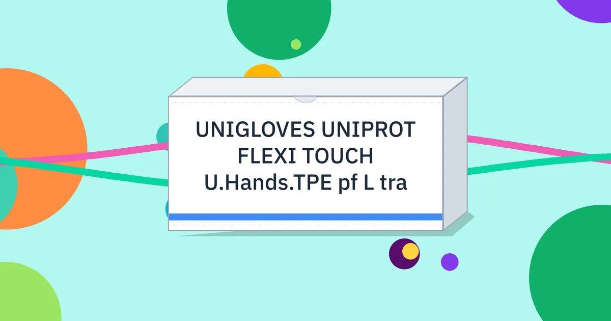 Symbolbild: Packung mit der Aufschrift UNIGLOVES UNIPROT FLEXI TOUCH U.Hands.TPE pf L tra (PZN 18100995) – Verfügbarkeit und Bezug in Apotheken in Frankfurt am Main