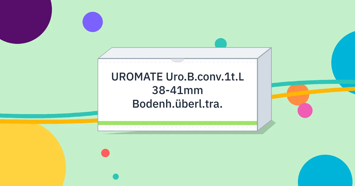 Symbolbild: Packung mit der Aufschrift UROMATE Uro.B.conv.1t.L 38-41mm Bodenh.überl.tra. (PZN 09713546) – Verfügbarkeit und Bezug in Apotheken in Frankfurt am Main