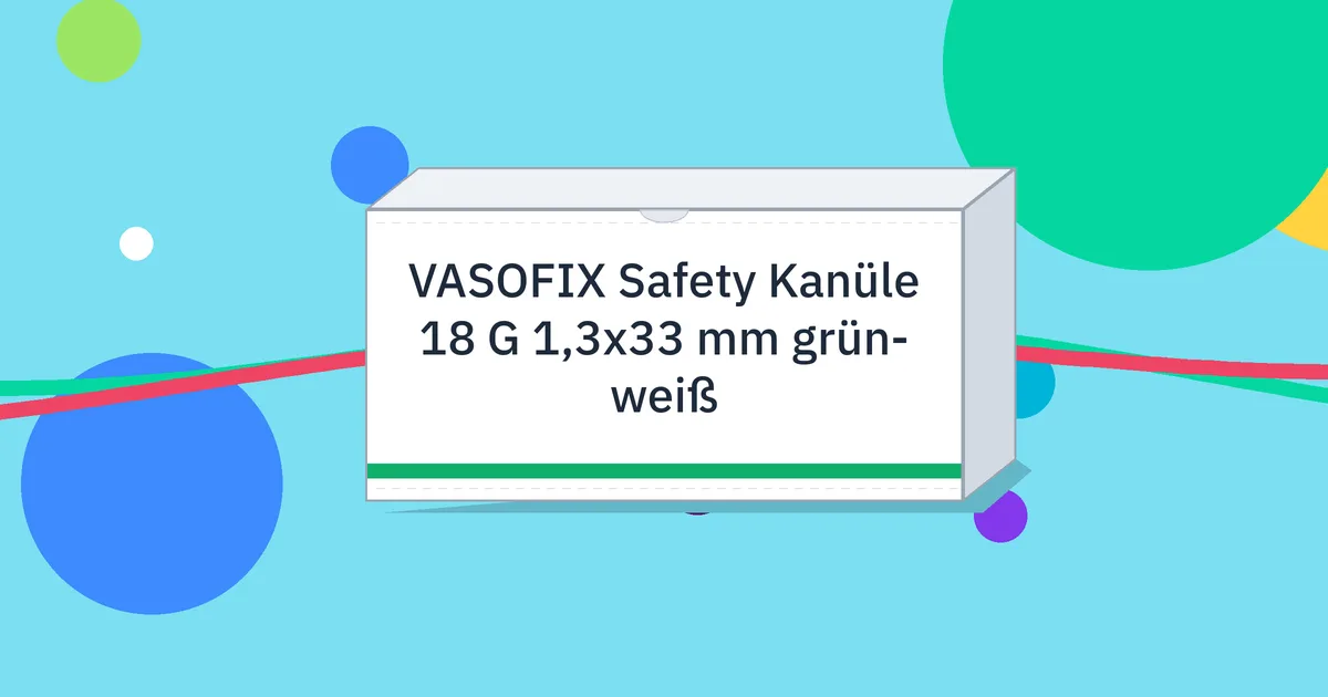 Symbolbild: Packung mit der Aufschrift VASOFIX Safety Kanüle 18 G 1,3x33 mm grün-weiß (PZN 18605910) – Verfügbarkeit und Bezug in Apotheken in Frankfurt am Main