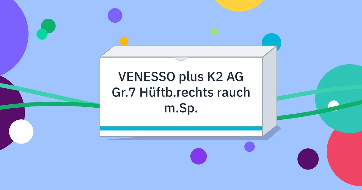 Symbolbild: Packung mit der Aufschrift VENESSO plus K2 AG Gr.7 Hüftb.rechts rauch m.Sp. (PZN 03304367) – Verfügbarkeit und Bezug in Apotheken in Frankfurt am Main