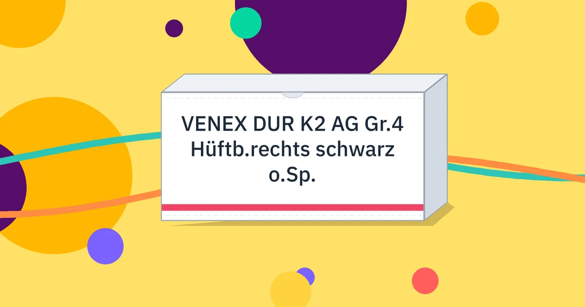 Symbolbild: Packung mit der Aufschrift VENEX DUR K2 AG Gr.4 Hüftb.rechts schwarz o.Sp. (PZN 03233058) – Verfügbarkeit und Bezug in Apotheken in Frankfurt am Main