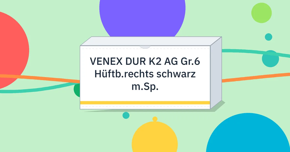 Symbolbild: Packung mit der Aufschrift VENEX DUR K2 AG Gr.6 Hüftb.rechts schwarz m.Sp. (PZN 03229341) – Verfügbarkeit und Bezug in Apotheken in Frankfurt am Main