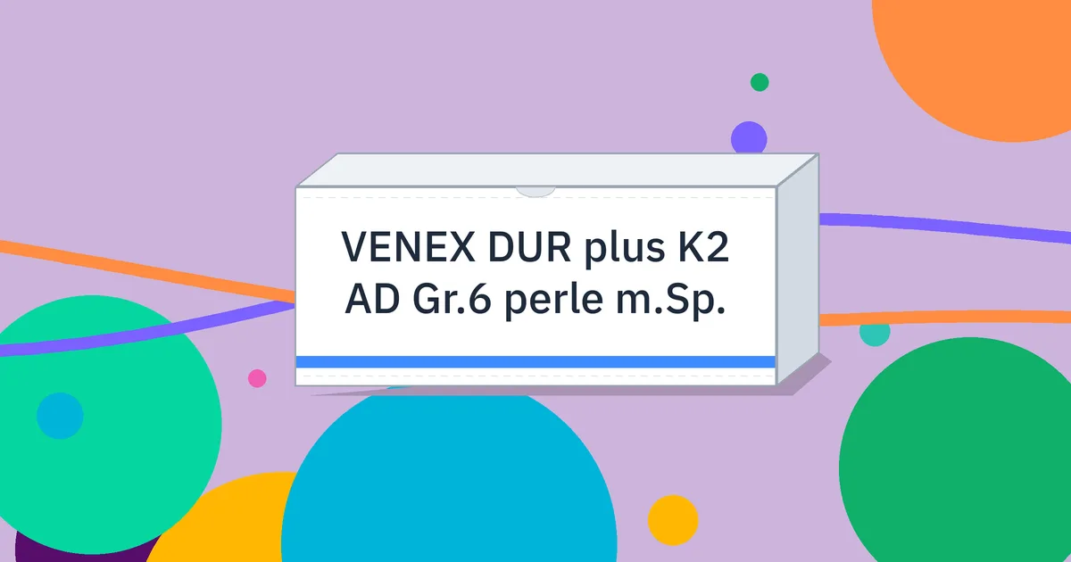 Symbolbild: Packung mit der Aufschrift VENEX DUR plus K2 AD Gr.6 perle m.Sp. (PZN 03233242) – Verfügbarkeit und Bezug in Apotheken in Frankfurt am Main