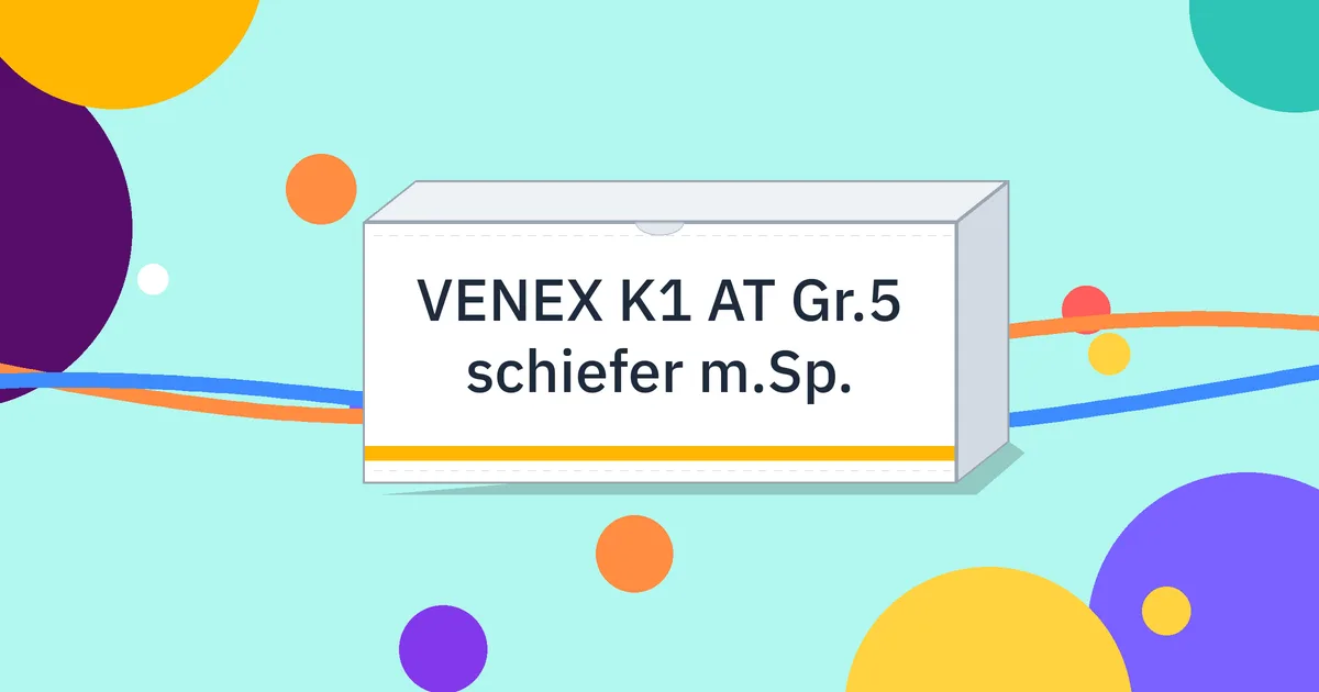 Symbolbild: Packung mit der Aufschrift VENEX K1 AT Gr.5 schiefer m.Sp. (PZN 03196506) – Verfügbarkeit und Bezug in Apotheken in Frankfurt am Main