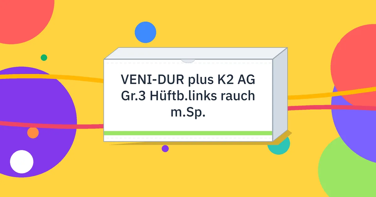 Symbolbild: Packung mit der Aufschrift VENI-DUR plus K2 AG Gr.3 Hüftb.links rauch m.Sp. (PZN 03255551) – Verfügbarkeit und Bezug in Apotheken in Frankfurt am Main