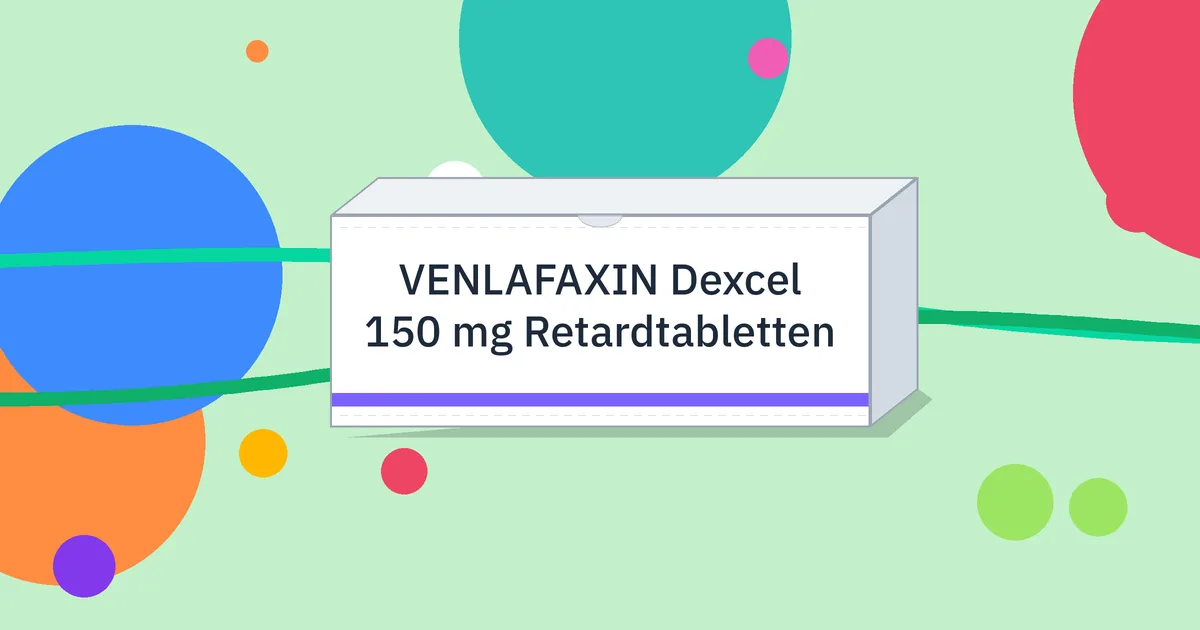 Symbolbild: Packung mit der Aufschrift VENLAFAXIN Dexcel 150 mg Retardtabletten (PZN 09295793) – Verfügbarkeit und Bezug in Apotheken in Frankfurt am Main