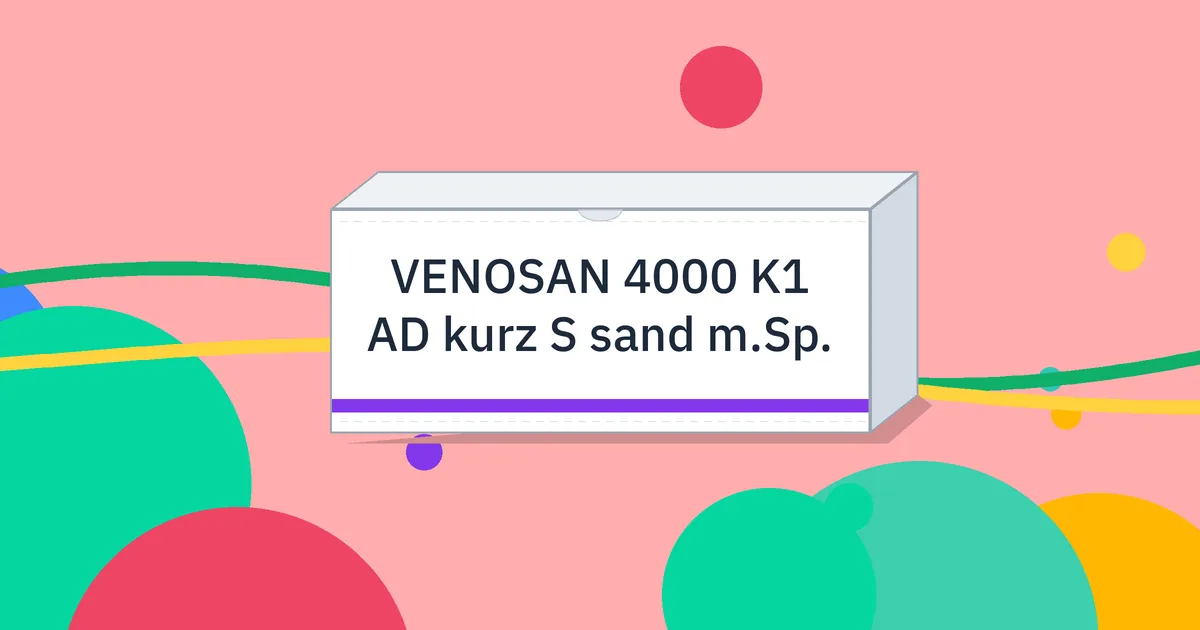 Symbolbild: Packung mit der Aufschrift VENOSAN 4000 K1 AD kurz S sand m.Sp. (PZN 14421857) – Verfügbarkeit und Bezug in Apotheken in Frankfurt am Main