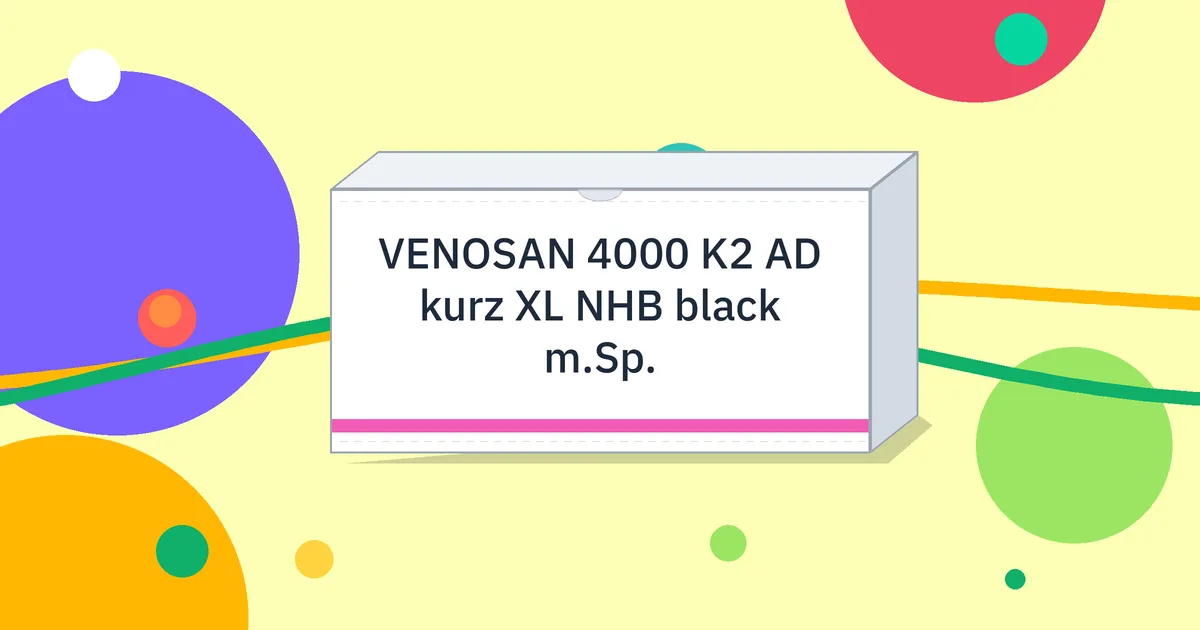 Symbolbild: Packung mit der Aufschrift VENOSAN 4000 K2 AD kurz XL NHB black m.Sp. (PZN 14427498) – Verfügbarkeit und Bezug in Apotheken in Frankfurt am Main
