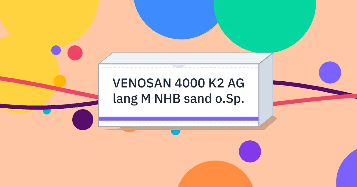 Symbolbild: Packung mit der Aufschrift VENOSAN 4000 K2 AG lang M NHB sand o.Sp. (PZN 14422673) – Verfügbarkeit und Bezug in Apotheken in Frankfurt am Main
