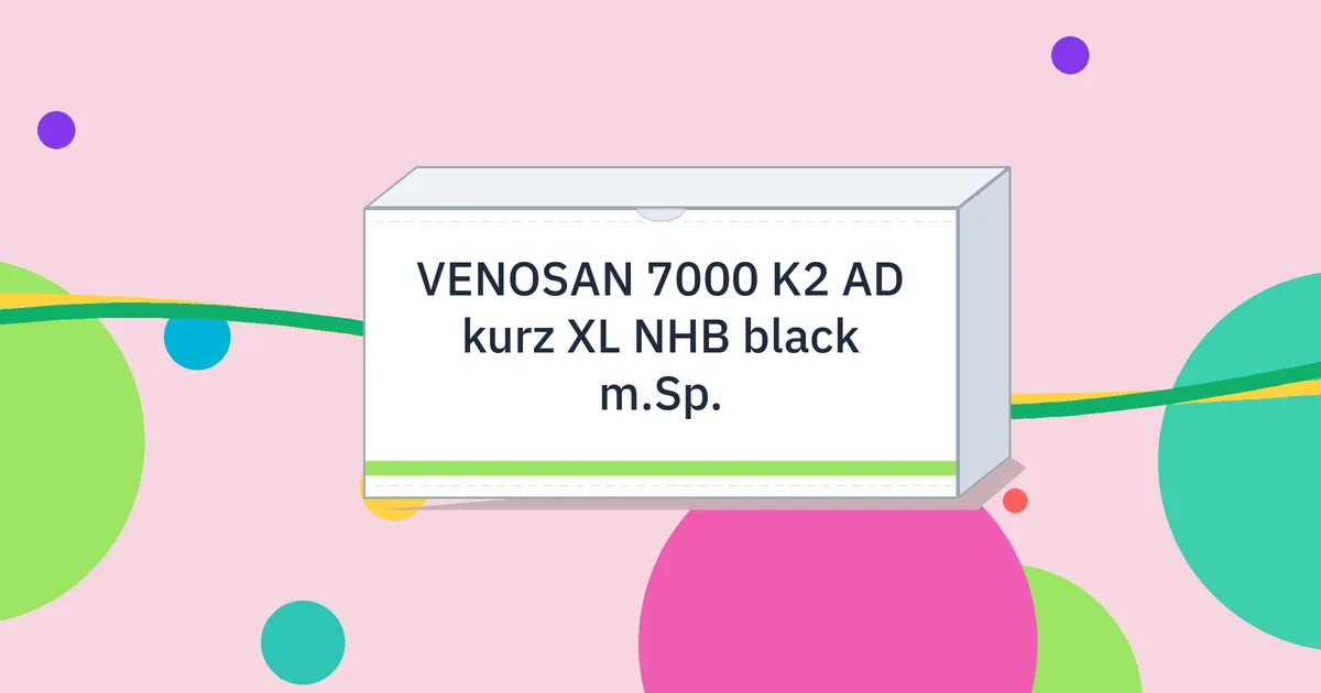 Symbolbild: Packung mit der Aufschrift VENOSAN 7000 K2 AD kurz XL NHB black m.Sp. (PZN 14435888) – Verfügbarkeit und Bezug in Apotheken in Frankfurt am Main