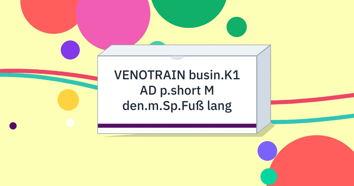 Symbolbild: Packung mit der Aufschrift VENOTRAIN busin.K1 AD p.short M den.m.Sp.Fuß lang (PZN 19056664) – Verfügbarkeit und Bezug in Apotheken in Frankfurt am Main