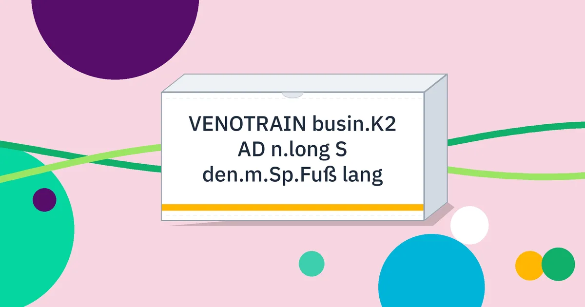Symbolbild: Packung mit der Aufschrift VENOTRAIN busin.K2 AD n.long S den.m.Sp.Fuß lang (PZN 19056977) – Verfügbarkeit und Bezug in Apotheken in Frankfurt am Main