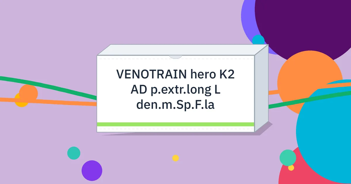 Symbolbild: Packung mit der Aufschrift VENOTRAIN hero K2 AD p.extr.long L den.m.Sp.F.la (PZN 19191273) – Verfügbarkeit und Bezug in Apotheken in Frankfurt am Main