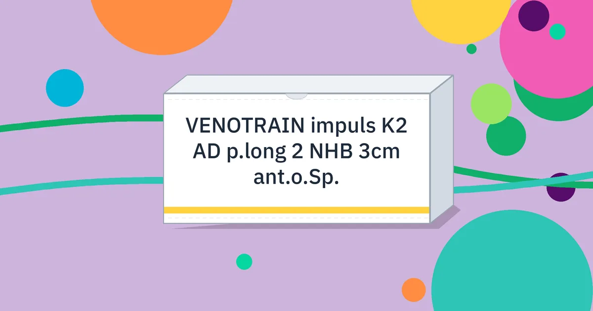 Symbolbild: Packung mit der Aufschrift VENOTRAIN impuls K2 AD p.long 2 NHB 3cm ant.o.Sp. (PZN 15224544) – Verfügbarkeit und Bezug in Apotheken in Frankfurt am Main