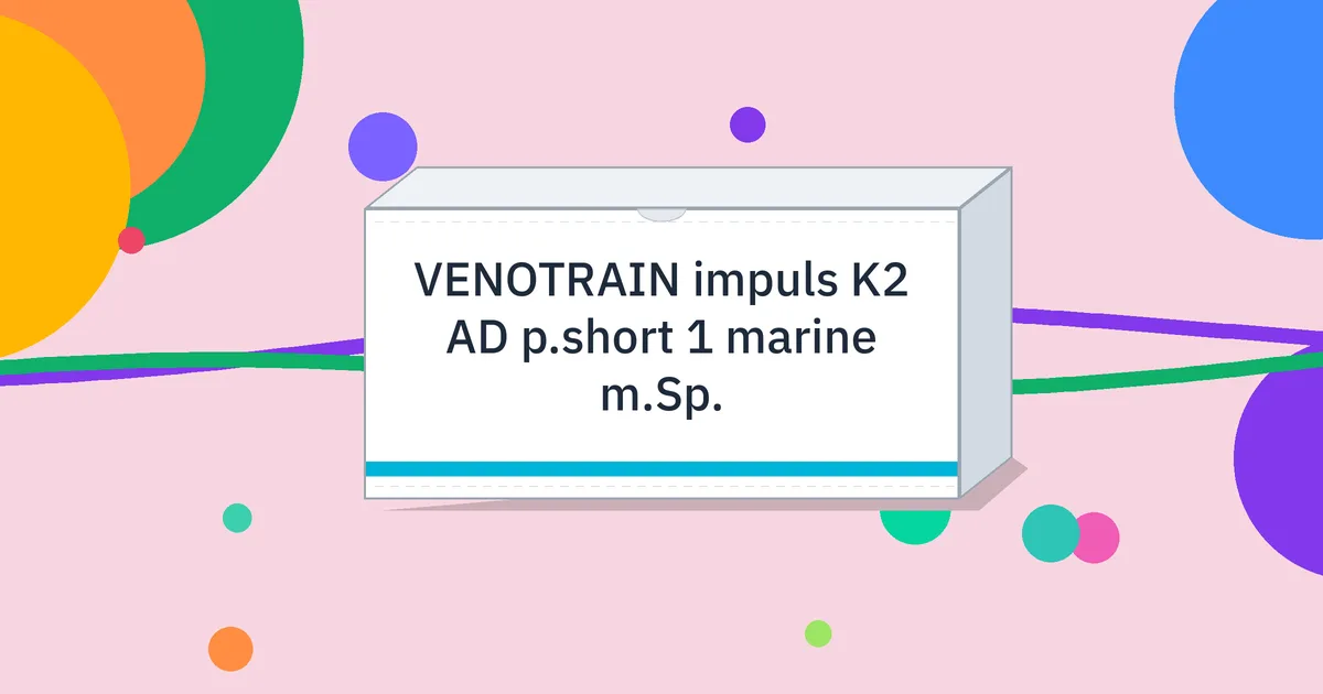 Symbolbild: Packung mit der Aufschrift VENOTRAIN impuls K2 AD p.short 1 marine m.Sp. (PZN 15221184) – Verfügbarkeit und Bezug in Apotheken in Frankfurt am Main