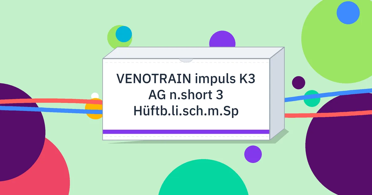 Symbolbild: Packung mit der Aufschrift VENOTRAIN impuls K3 AG n.short 3 Hüftb.li.sch.m.Sp (PZN 10295574) – Verfügbarkeit und Bezug in Apotheken in Frankfurt am Main