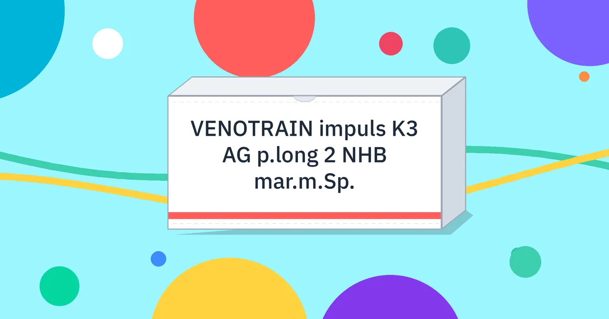 Symbolbild: Packung mit der Aufschrift VENOTRAIN impuls K3 AG p.long 2 NHB mar.m.Sp. (PZN 15215433) – Verfügbarkeit und Bezug in Apotheken in Frankfurt am Main