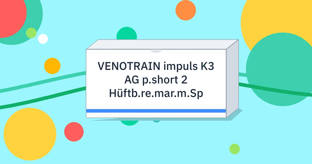 Symbolbild: Packung mit der Aufschrift VENOTRAIN impuls K3 AG p.short 2 Hüftb.re.mar.m.Sp (PZN 15217679) – Verfügbarkeit und Bezug in Apotheken in Frankfurt am Main