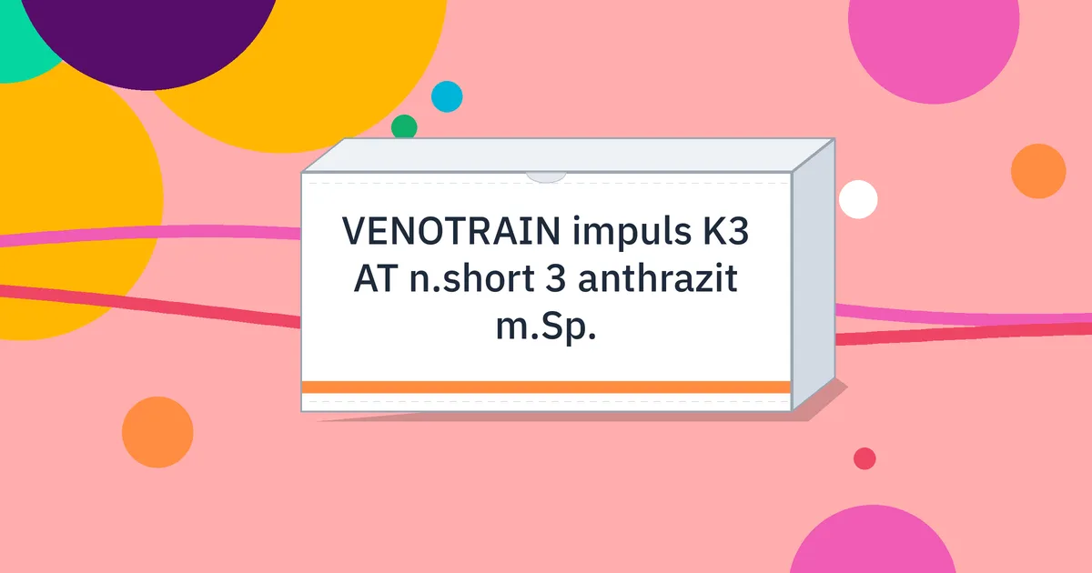 Symbolbild: Packung mit der Aufschrift VENOTRAIN impuls K3 AT n.short 3 anthrazit m.Sp. (PZN 19356722) – Verfügbarkeit und Bezug in Apotheken in Frankfurt am Main
