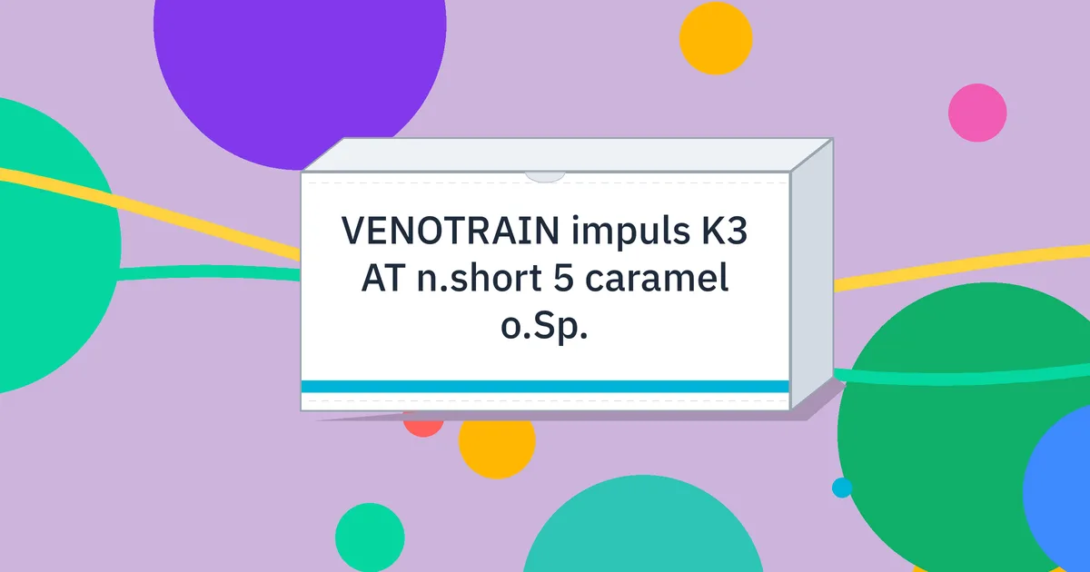 Symbolbild: Packung mit der Aufschrift VENOTRAIN impuls K3 AT n.short 5 caramel o.Sp. (PZN 19355208) – Verfügbarkeit und Bezug in Apotheken in Frankfurt am Main