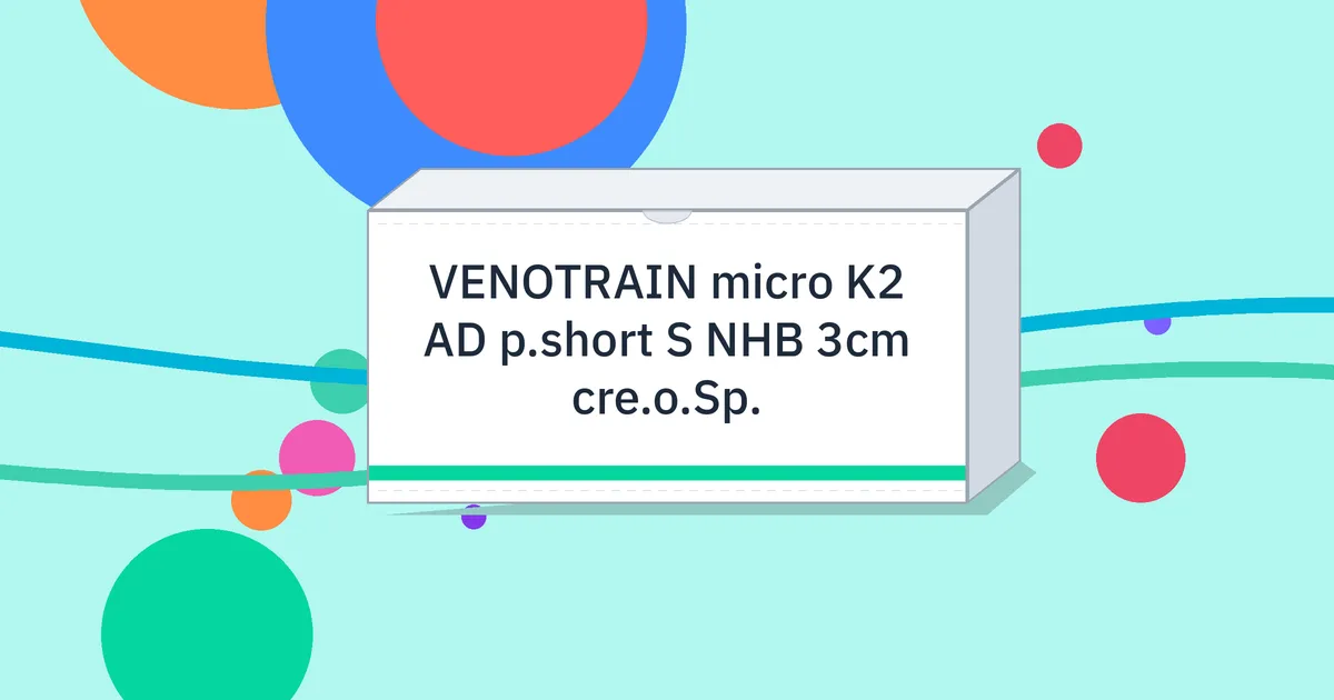 Symbolbild: Packung mit der Aufschrift VENOTRAIN micro K2 AD p.short S NHB 3cm cre.o.Sp. (PZN 05718096) – Verfügbarkeit und Bezug in Apotheken in Frankfurt am Main
