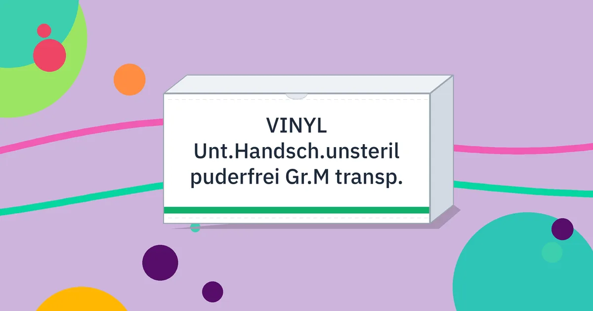 Symbolbild: Packung mit der Aufschrift VINYL Unt.Handsch.unsteril puderfrei Gr.M transp. (PZN 13351327) – Verfügbarkeit und Bezug in Apotheken in Frankfurt am Main