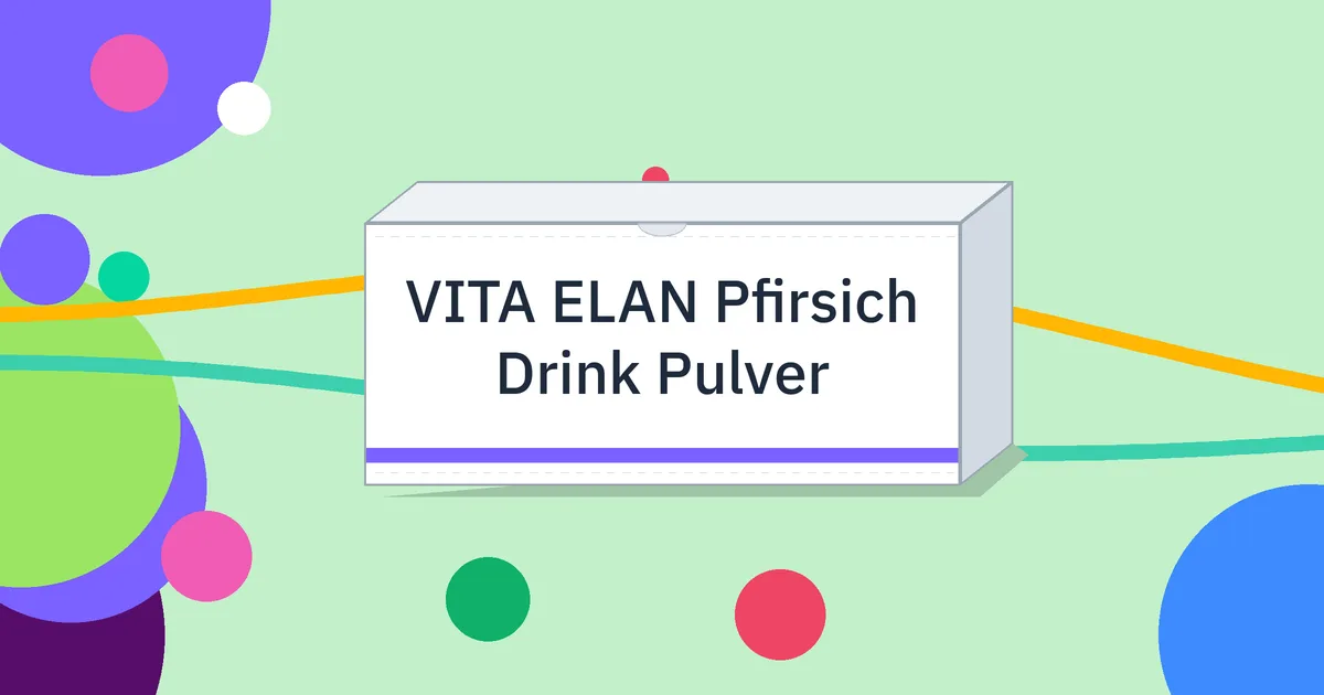 Symbolbild: Packung mit der Aufschrift VITA ELAN Pfirsich Drink Pulver (PZN 08878423) – Verfügbarkeit und Bezug in Apotheken in Frankfurt am Main