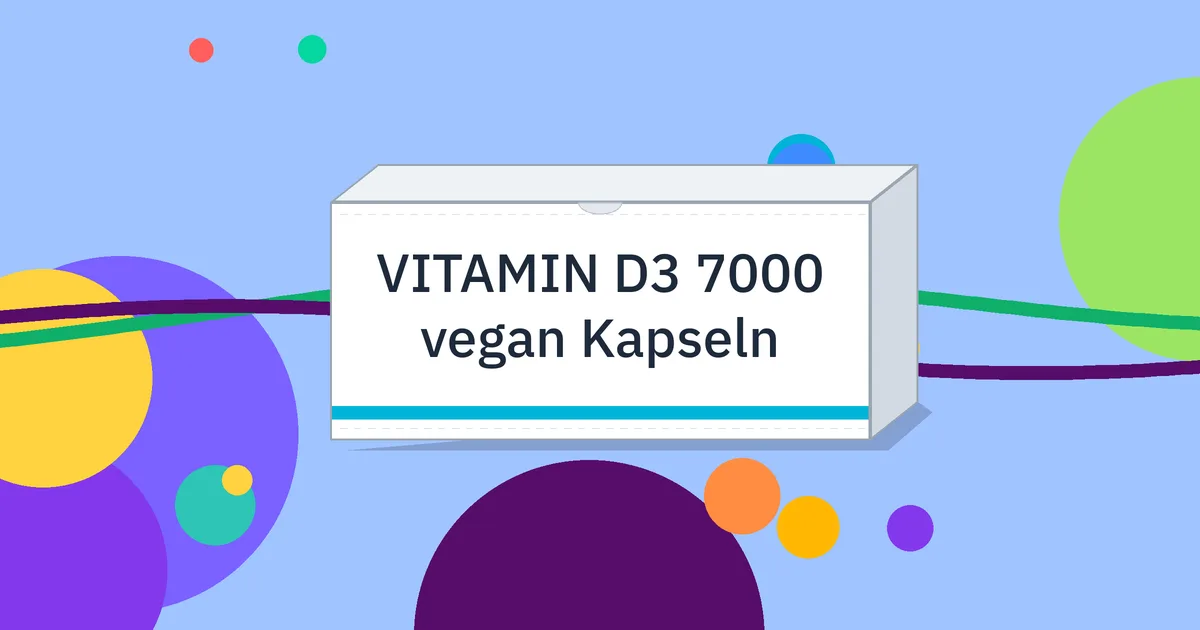 Symbolbild: Packung mit der Aufschrift VITAMIN D3 7000 vegan Kapseln (PZN 18666277) – Verfügbarkeit und Bezug in Apotheken in Frankfurt am Main