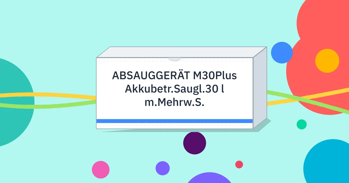 Symbolbild: Packung mit der Aufschrift ABSAUGGERÄT M30Plus Akkubetr.Saugl.30 l m.Mehrw.S. (PZN 04364070) – Verfügbarkeit und Bezug in Apotheken in Frankfurt am Main
