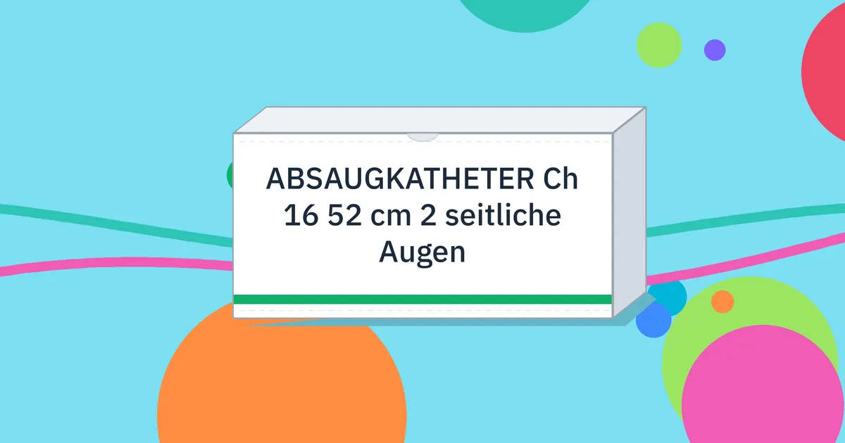 Symbolbild: Packung mit der Aufschrift ABSAUGKATHETER Ch 16 52 cm 2 seitliche Augen (PZN 03390303) – Verfügbarkeit und Bezug in Apotheken in Frankfurt am Main