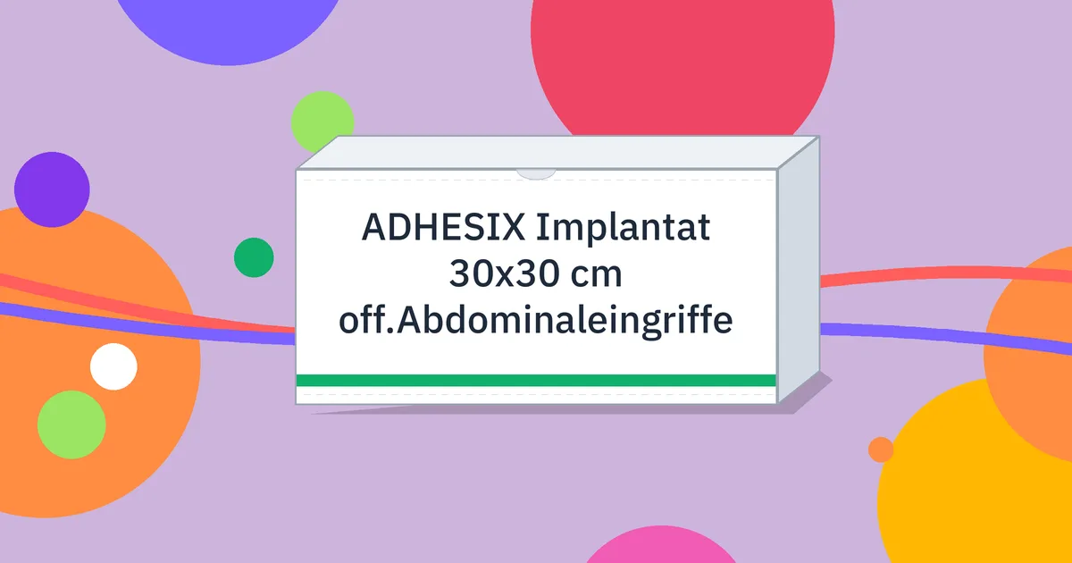 Symbolbild: Packung mit der Aufschrift ADHESIX Implantat 30x30 cm off.Abdominaleingriffe (PZN 04013502) – Verfügbarkeit und Bezug in Apotheken in Frankfurt am Main