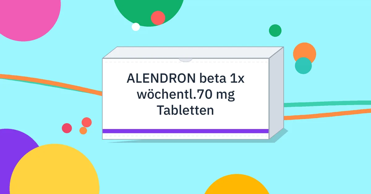Symbolbild: Packung mit der Aufschrift ALENDRON beta 1x wöchentl.70 mg Tabletten (PZN 02260136) – Verfügbarkeit und Bezug in Apotheken in Frankfurt am Main