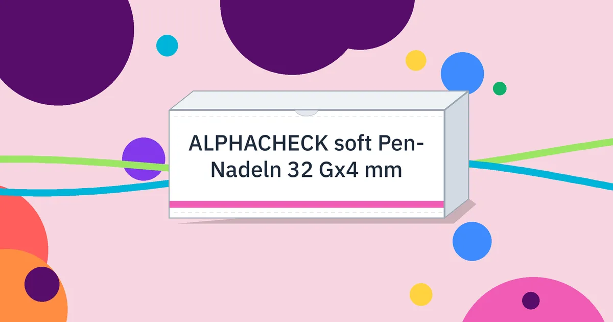 Symbolbild: Packung mit der Aufschrift ALPHACHECK soft Pen-Nadeln 32 Gx4 mm (PZN 18670600) – Verfügbarkeit und Bezug in Apotheken in Frankfurt am Main