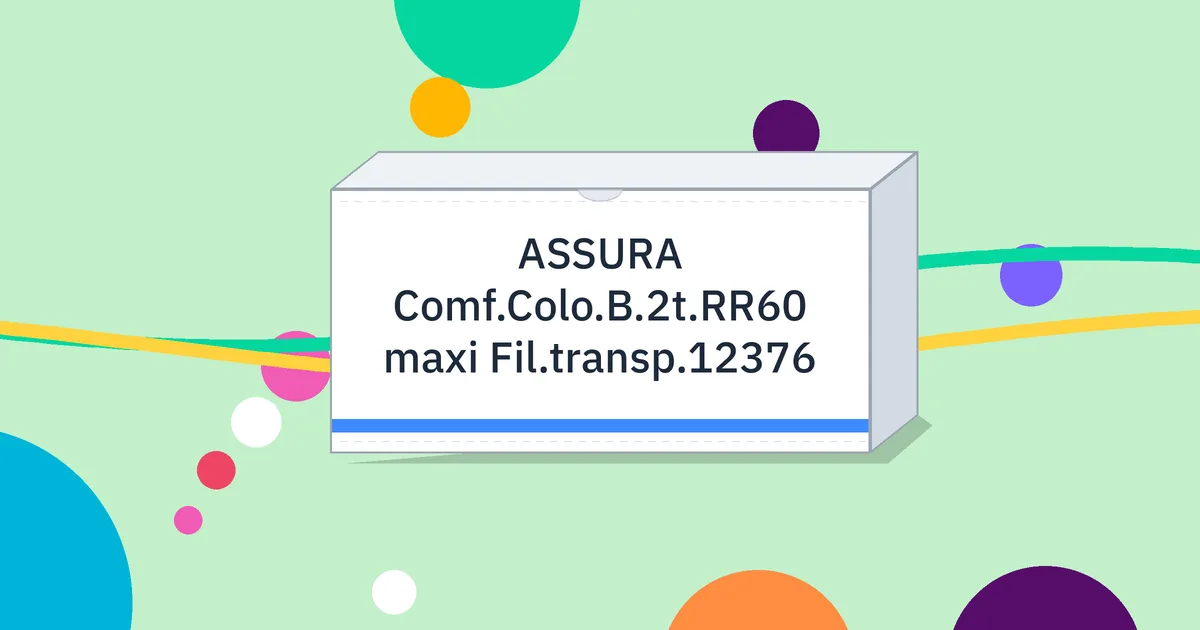 Symbolbild: Packung mit der Aufschrift ASSURA Comf.Colo.B.2t.RR60 maxi Fil.transp.12376 (PZN 00742167) – Verfügbarkeit und Bezug in Apotheken in Frankfurt am Main