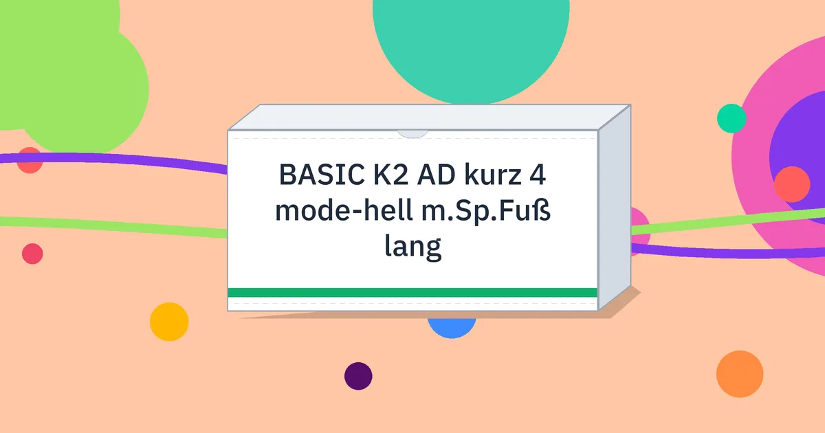 Symbolbild: Packung mit der Aufschrift BASIC K2 AD kurz 4 mode-hell m.Sp.Fuß lang (PZN 20264899) – Verfügbarkeit und Bezug in Apotheken in Frankfurt am Main