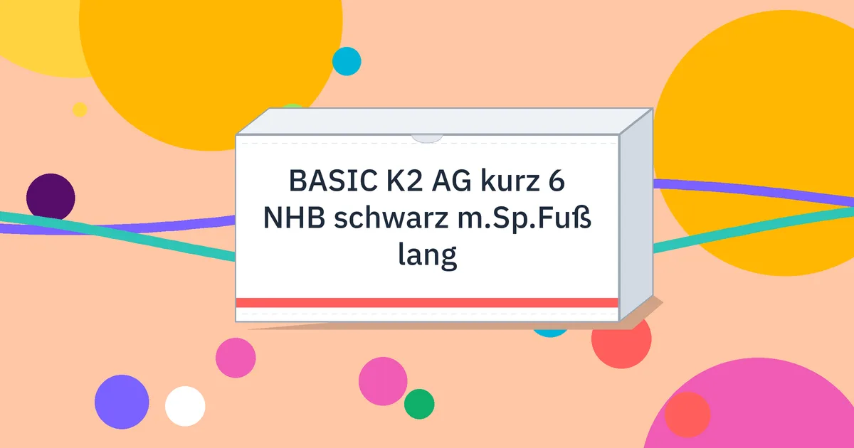 Symbolbild: Packung mit der Aufschrift BASIC K2 AG kurz 6 NHB schwarz m.Sp.Fuß lang (PZN 20268294) – Verfügbarkeit und Bezug in Apotheken in Frankfurt am Main