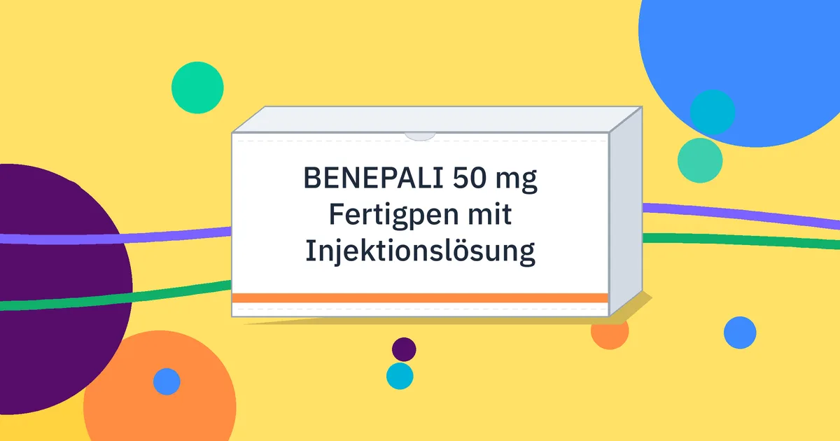 Symbolbild: Packung mit der Aufschrift BENEPALI 50 mg Fertigpen mit Injektionslösung (PZN 12733794) – Verfügbarkeit und Bezug in Apotheken in Frankfurt am Main